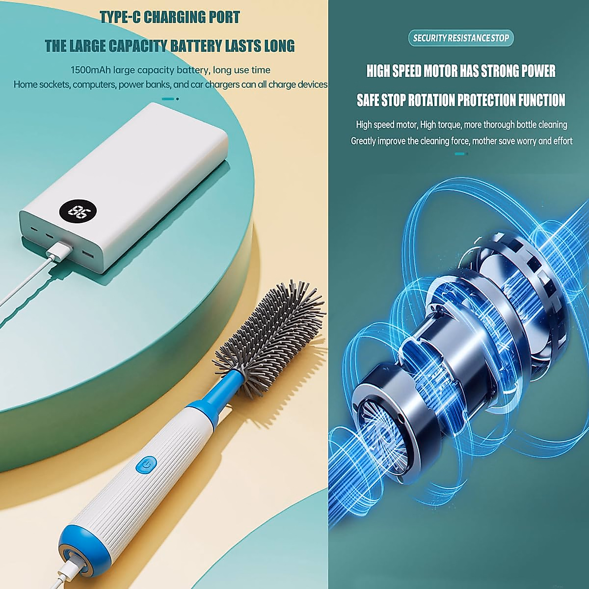 Electric Bottle Brush, Honboom Baby Bottle Cleaner, Rechargeable Waterproof Two-Speed Cleaning Mode Nipple Brush for Baby Bottles Pacifiers Straws Travel Bottle Brush Set (Green)