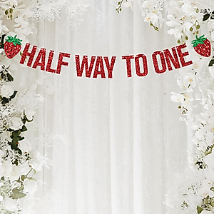 Strawberry Half Way to One Banner, 6 Months Birthday Decorations, Berry Sweet Half Birthday, Strawberry Themed Baby Shower Party Decorations, Red Glitter