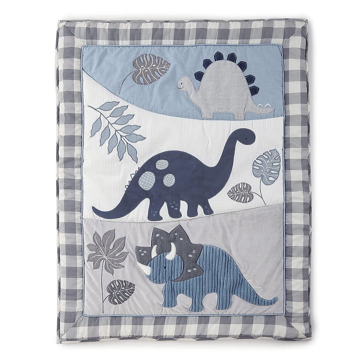 Levtex Baby - Kipton Crib Bed Set - Baby Nursery Set - Grey, White and Blue - Dinosaurs and Leaves - 4 Piece Set Includes Quilt, Fitted Sheet, Wall Decal & Skirt/Dust Ruffle
