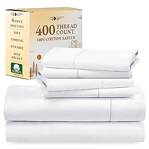 California Design Den 6-Pc Queen Size Sheet Set with 4 Pillowcases - 400 Thread Count 100% Cotton Sheets, Cooling Sateen Weave, Luxury Deep Pocket Bedsheets Set - Bright White