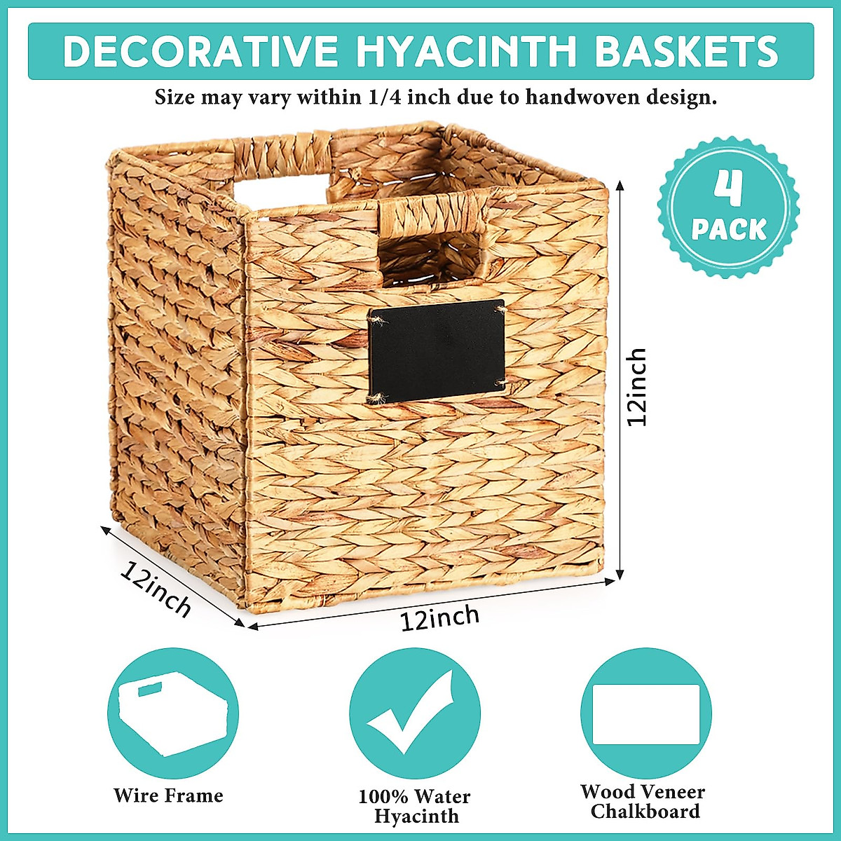 Nitial 4 Pcs Wicker Storage Basket, Rectangular Water Hyacinth Storage Baskets for Shelving, Foldable Woven Pantry Organizer with Chalkboard Label and Chalk Marker(Natural,12 x 12 x 12 Inch)