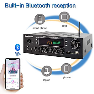 Wireless Bluetooth Home Audio Amplifier – 400W Dual Channel Home Theater Sound Compact Stereo Receiver System w/FM Radio, USB/SD, AUX, RCA, Mic in, Remote Control for Sweet Sound. (Sunbuck AS-90BU)