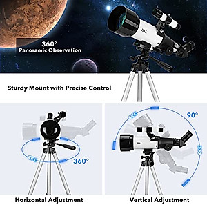HSL Telescope for Adults & Kids, 70mm Aperture 400mm Focal Length Refractor Telescope for Astronomy Beginners(20x-100x) - Travel Telescopes with Carry Bag and Adapter(White)