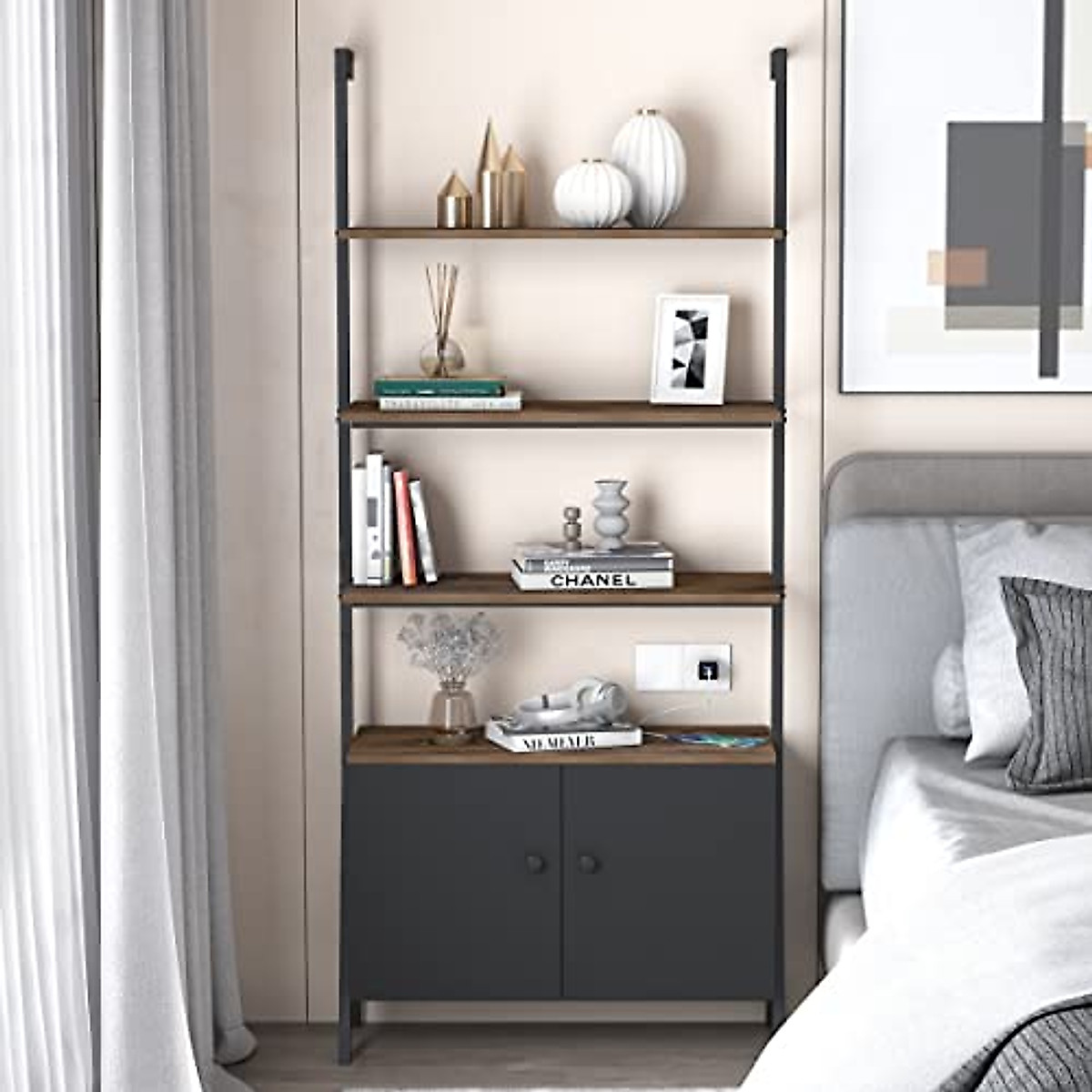 Usinso Wood Metal Ladder Bookshelf, Industrial 4-Tier Black Bookcase with Wide Storage Cabinet, Rutic Brown and Black Bookshelf for Living Room, Shelves for Storage Bedroom, 30L x 13W x 70H Inch