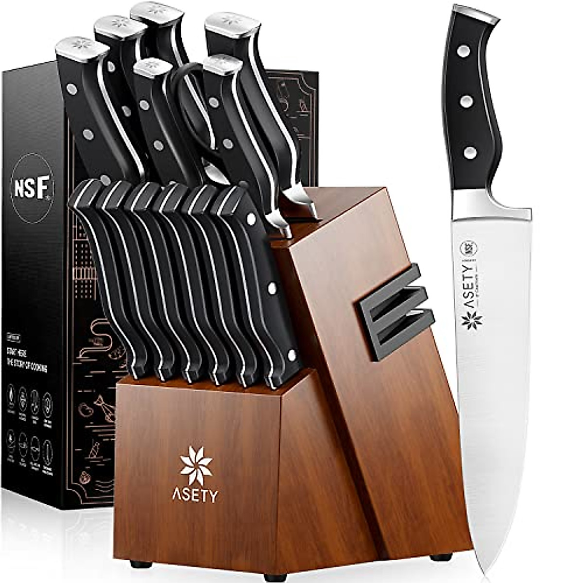 ASETY Kitchen Knife Set with Block, NSF Certified 15 PCS Professional Chef Knife Set with Knife Sharpener, German Stainless Steel Full Tang Knife Block Set, Gift for Men I Women