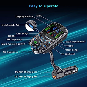 BANIGIPA Upgraded 5.3 Bluetooth FM Transmitter for Car, Hands-Free Wireless Car Stereo Adapter w/ 1.5" Color LCD, 30W USB C PD QC3.0 Fast Charger, 4 Music Play Modes, HiFi BASS&TRE, U Disk/TF/AUX