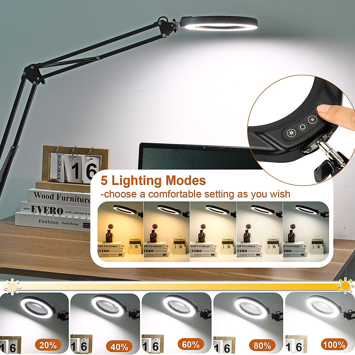 Veemagni 5 Inch Large Magnifying Glass with Light and Stand, 5 Color Modes Stepless Dimmable, 2*16 Inch Swivel Arm LED Clamp Desk Lamp, Hands Free 5X Lighted Magnifier for Close Work Crafts Soldering