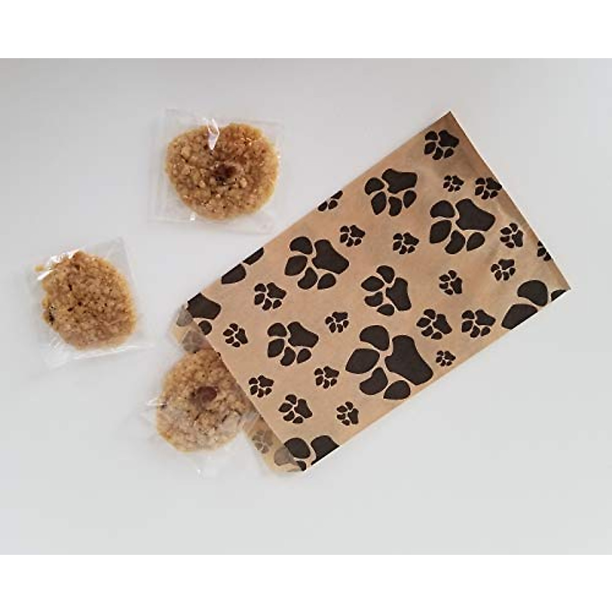 N'ice Packaging 100 Bags Flat Plain Paper or Patterned Bags for candy, cookies, merchandise, pens, Party favors, Gift bags (5" x 7", Paw Print)