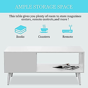 Yusong Modern Wood Coffee Table for Living Room, Retro Mid-Century Center Tables Cocktail Table with Storage Shelf for Reception, White