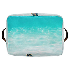 Sea Turtle Teal Large Storage Basket Cube Storage Bin Canvas Fabric Organizer Handles Collapsible Decorative for Clothes Toys Bedroom