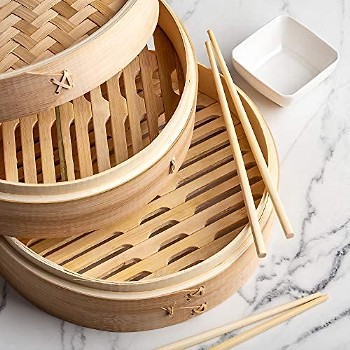 Prime Home Direct Bamboo Steamer Basket 10-inch | 2-Tier Steamer for Cooking | 50 Liners, Chopsticks & Sauce Dish | Dumpling Steamer, Food Steamer Baskets for Cooking - Rice & Vegetable Steamer Pot