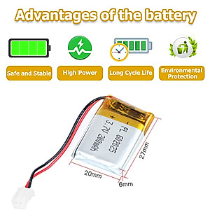 AKZYTUE 3.7V 200mAh 602025 Lipo Battery Rechargeable Lithium Polymer ion Battery Pack with PH2.0mm JST Connector