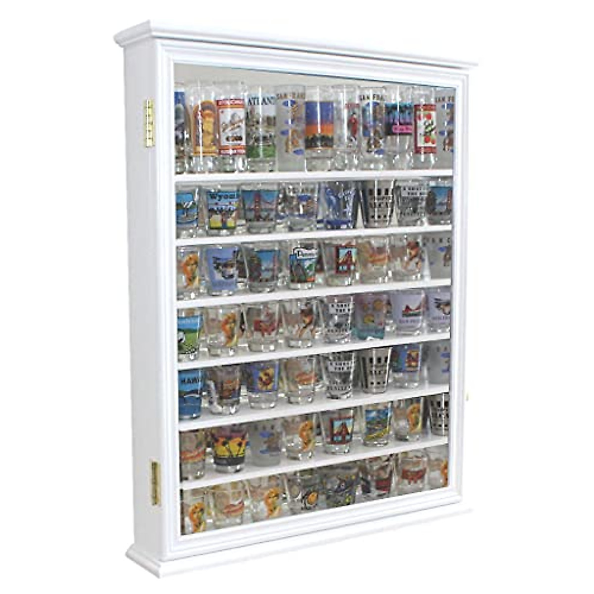 Shot Glass Display Case Solid Wood Wall Shot Glass Cabinet Rack Holder Lockable with UV Protection Acrylic Glass Door Shot Glass Collection Display Cabinet Mirror Back (White Finish)