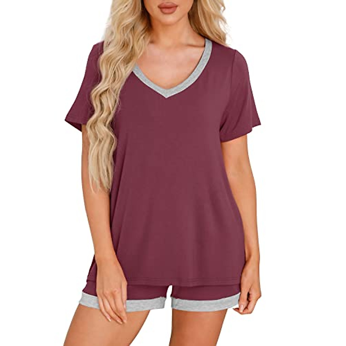 PrinStory Women's Pajama Set Short Sleeve Shirt and Shorts Sleepwear Pjs Sets with Pockets Purple Red-X-Large