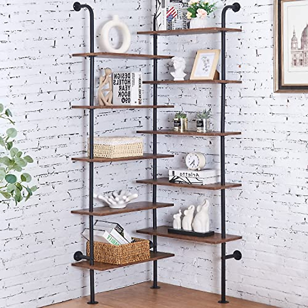 HOMBAZAAR Bookshelf,10-Tier L Shaped, Industrial Double Wide Wall Mount, Modern Bookcase with Metal Frame and Wood, Industrial Corner Pipe Shelf for Living Room and Office, Brown