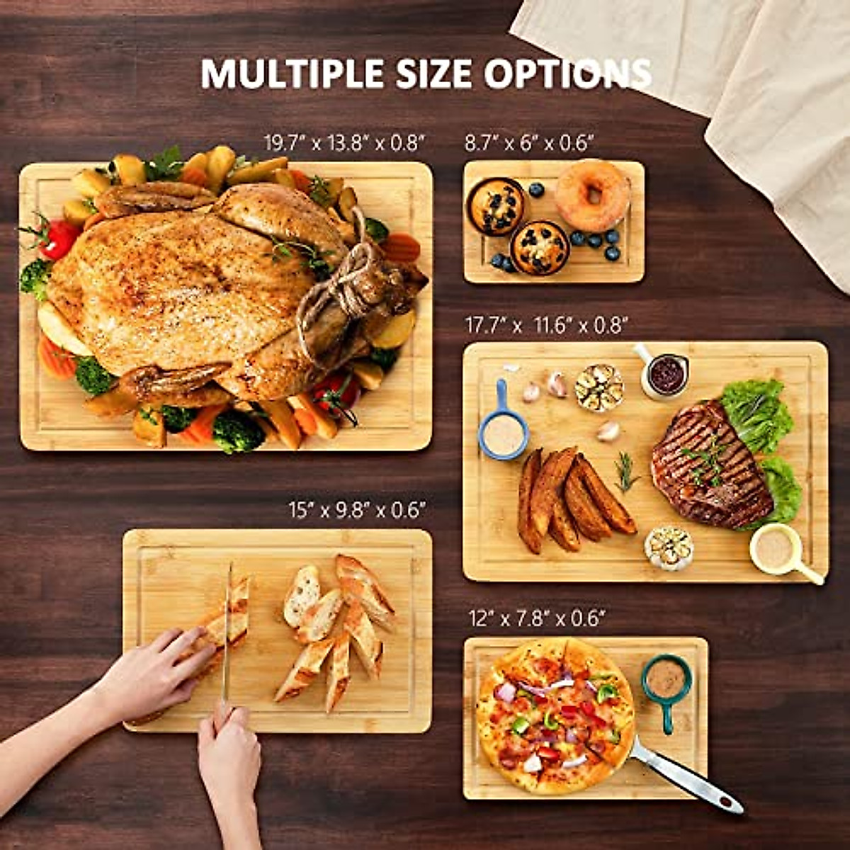 Bamboo Cutting Board Set, Wood Cutting Boards for Kitchen, Chopping Board Set with Juice Groove, Heavy Duty Charcuterie Boards for Meat (Butcher Block) Cheese, Large Cutting Boards (5-Pieces)