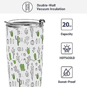 Jihqo Cactus Pattern Tumbler with Lid and Straw, Insulated Stainless Steel Tumbler Cup, Double Walled Travel Coffee Mug Thermal Vacuum Cups for Hot & Cold Drinks 12oz