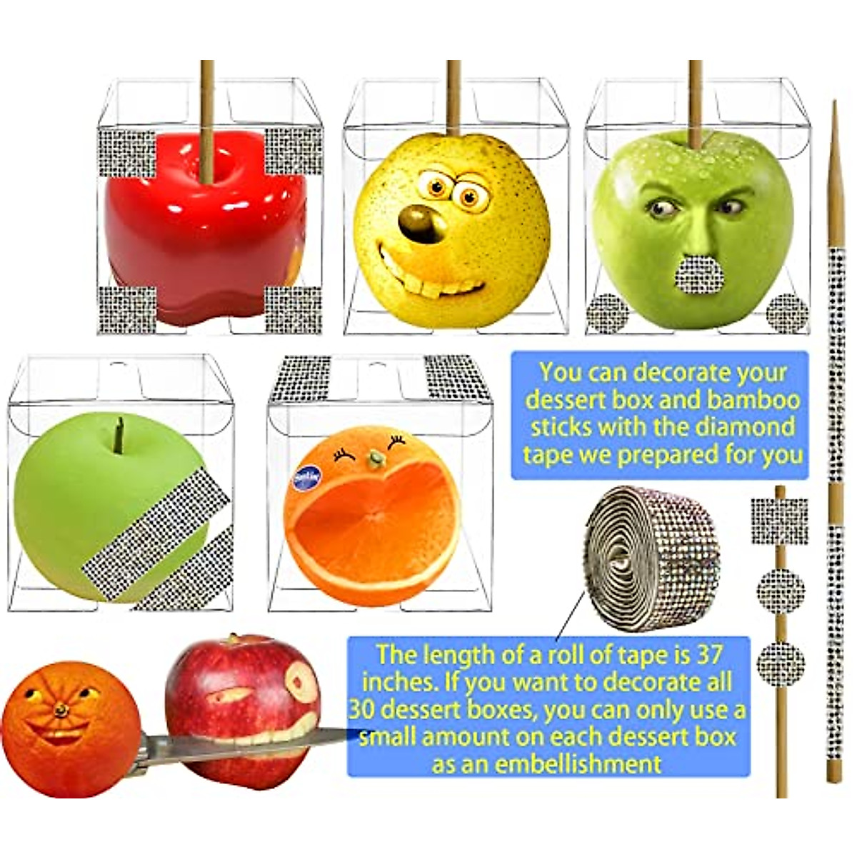 BadenBach 30 Set 4" Clear Candy Apple Boxes with Hole, Candy Apple Kit Supplies Containers Apple Boxes with 30 Pcs 7" Thick Candy Apple Sticks and 35.5" Self-Adhesive Rhinestone Stickers
