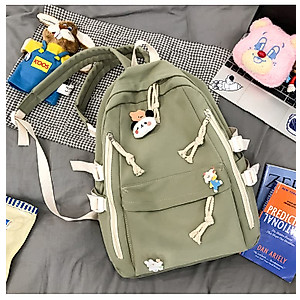 Timtram Kawaii School Backpack, Cute Aesthetic Backpack, Cute Kawaii School Backpack, for Teen Girl Boy Aesthetic, Bag for Laptop School College Free Plush Pendant & Pins (Green)