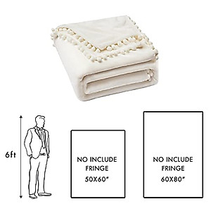 MIULEE Fleece Blanket with Pompom Fringe, Soft Cozy Lightweight Flannel Bed Blanket Fuzzy Plush Warm Blanket with Boho Decorative Tassel for Couch Sofa, Throw Size 50"x60", Cream White