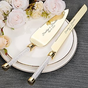TUKDAK Personalized Wedding Cake Knife and Server Set, Engraved Crystal Cake Cutting Set, Gold Cake Cutter Set, Pie Server Pizza Knife Gift for Bridal Couples Shower (White crystal gold)