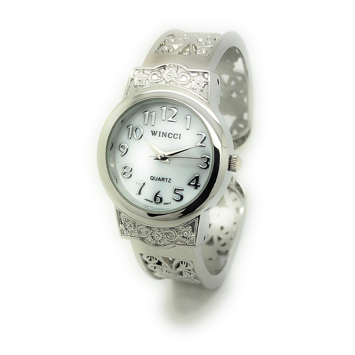 Wincci Ladies Elegant Metal Bangle Cuff Fashion Watch Pearl Dial (Silver)