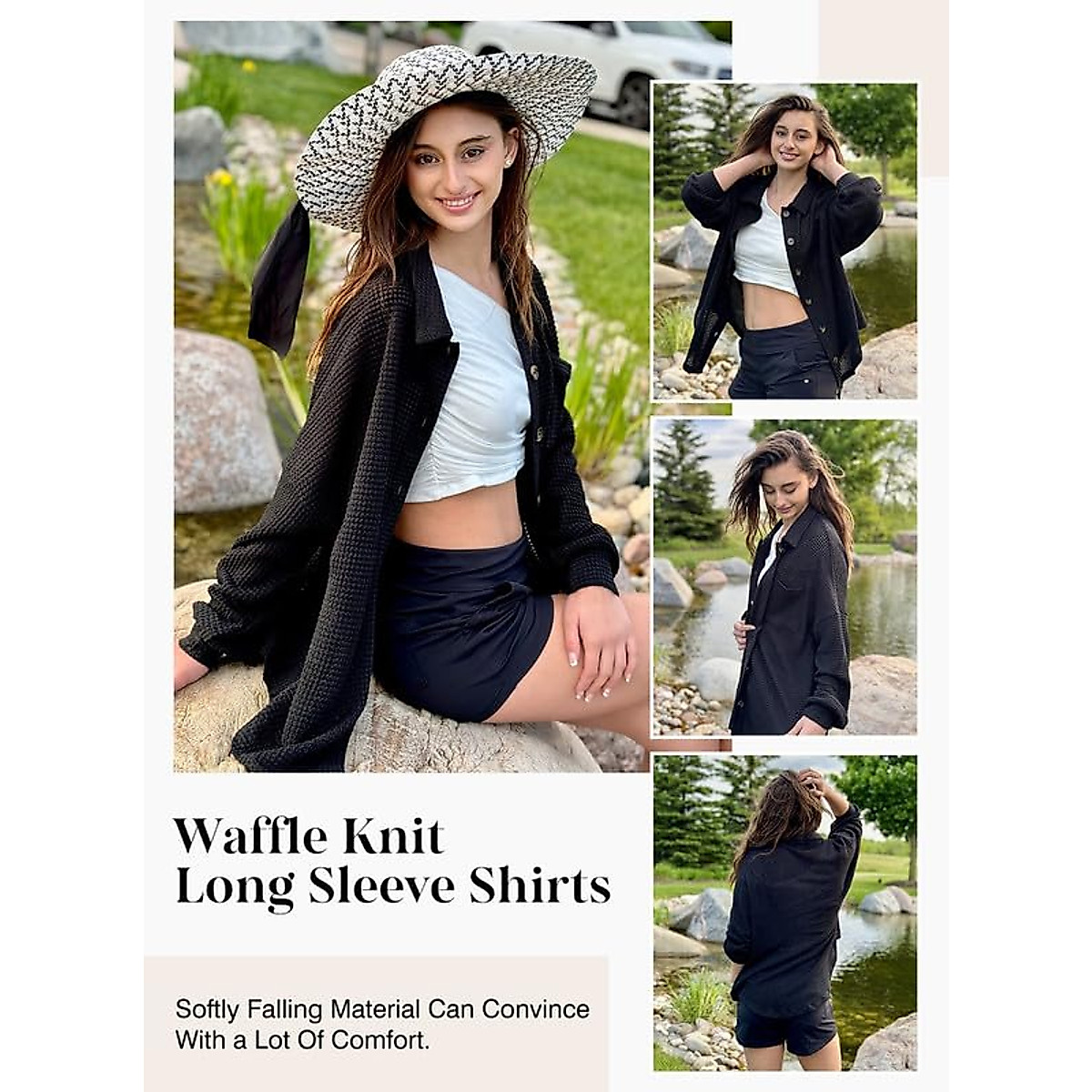 Dokotoo Black Button Up Tops for Women Long Sleeve Waffle Knit fall Jacket Loose Fit Boyfriends Pocket Outerwear winter coat Oversized Blouses fall outfits Small