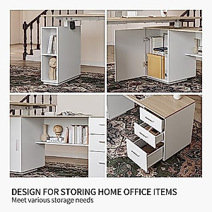 FEZIBO 63" L Shaped Executive Standing Desk with 3-Drawer File Cabinet, Electric Height Adjustable Stand up Desk for Home Office, Computer Desk with Storage Cabinets, White Frame/Light Walnut Top