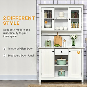 HOMCOM Freestanding Rustic Buffet with Hutch, 4 Door Farmhouse Kitchen Pantry Cabinet, Microwave Stand with Beadboard Panel, Drawer and Adjustable Shelves, White