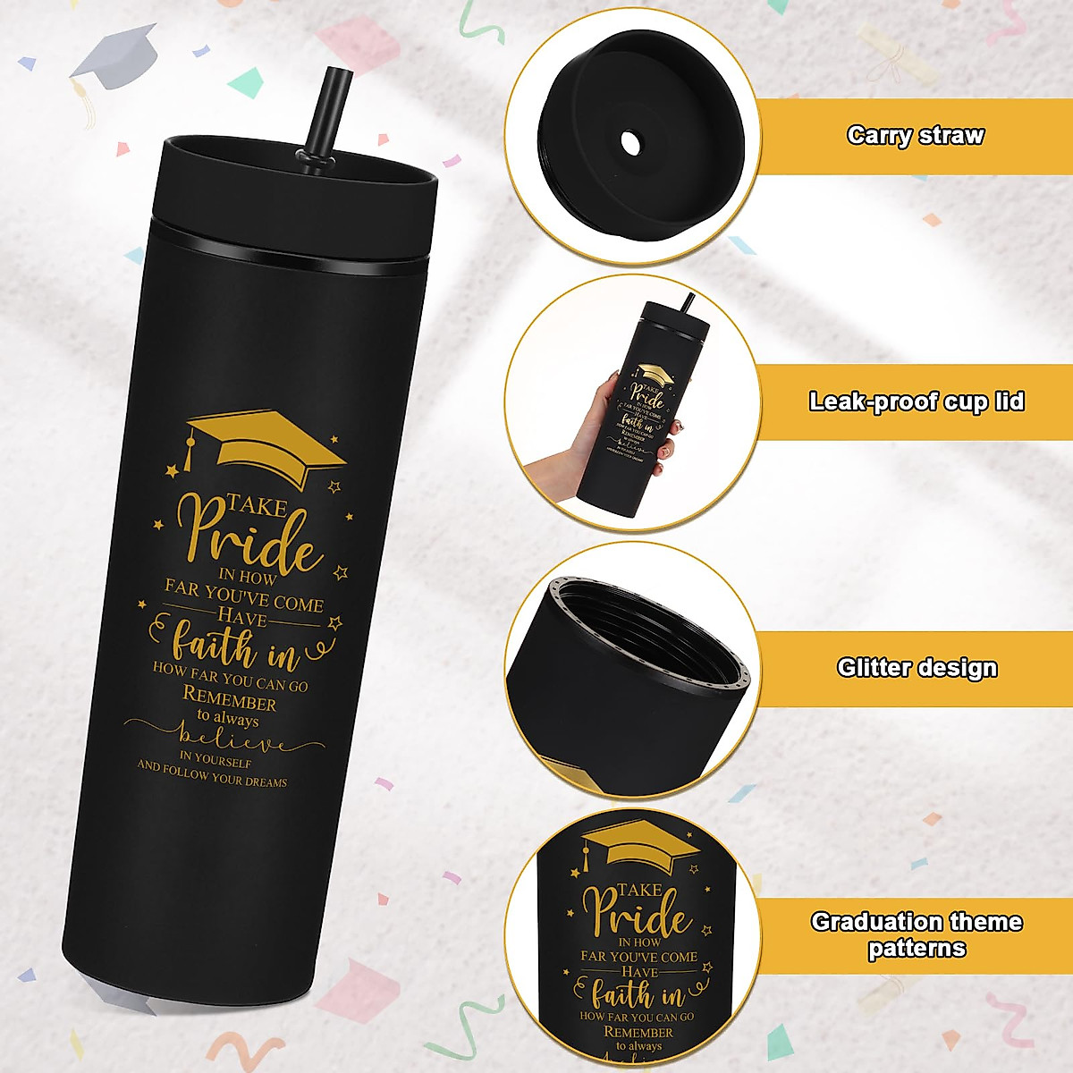 Blushtier 6 Pcs Class of 2025 Graduation Gifts Bulk College Graduate Gift 16oz Matte Inspirational Black Skinny Tumbler with Lid and Straw Plastic Drinking Cup for Teen High School Grad Party Favors