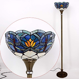 WERFACTORY Tiffany Floor Lamp Blue Lotus Flower Stained Glass Light 12X12X66 Inches Pole Torchiere Standing Corner Torch Uplight Decor Bedroom Living Room Home Office S220 Series