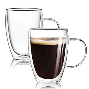 2-Pack,2.5 Oz]Espresso Cups With Handle and [2-Pack,12 Oz] Double Wall Glass Coffee Mugs with Handle