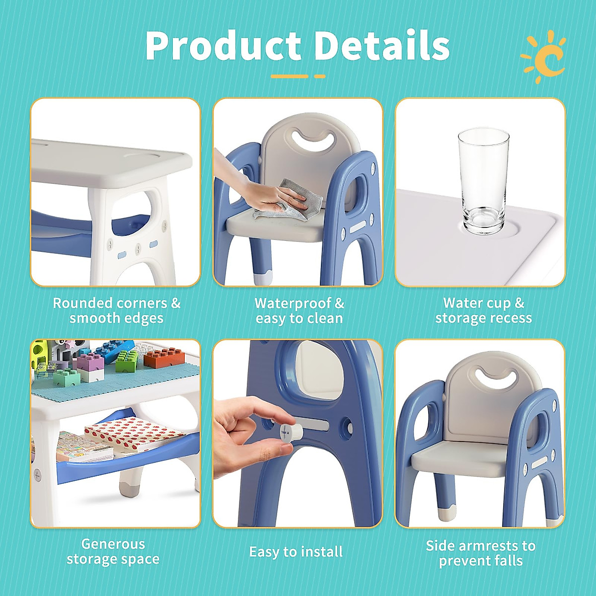 Toddler Table and Chair Set, Kids Table and Chairs with Storage Space and 2 Chairs, Toddler Chair and Table Set for 1-6, Toddler Table and Chairs for Playroom, Bedroom, Kindergarten, Nursery (Blue)