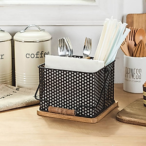 NIKKY HOME Utensil Caddy, Black Metal Caddy with 3 Compartments, Mesh Flatware Holder Organizer with Wooden Handle Perfect for Home, Kitchen, Countertop, Party, Camping, Outdoor and Restaurant