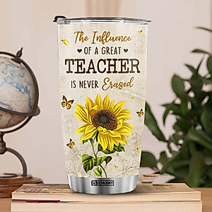BECHUSKY Teacher Gifts, Teacher Gifts For Women, Teacher Tumbler, Teacher Sunflower Tumbler Teacher Influence Tumbler Great Teacher Is Never Erased Teacher Appreciation Women Christmas Birthday 20OZ