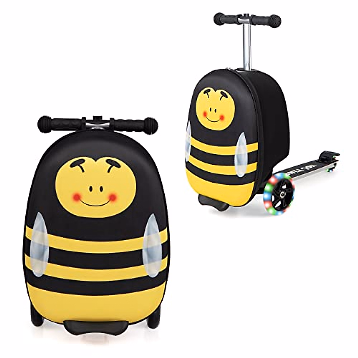 HONEY JOY Kids Scooter Suitcase, 18” Children Carry on Scooter Luggage w/Light-up LED Wheels, Waterproof Shell & Retractable Handle, Lightweight Foldable Ride on Suitcase