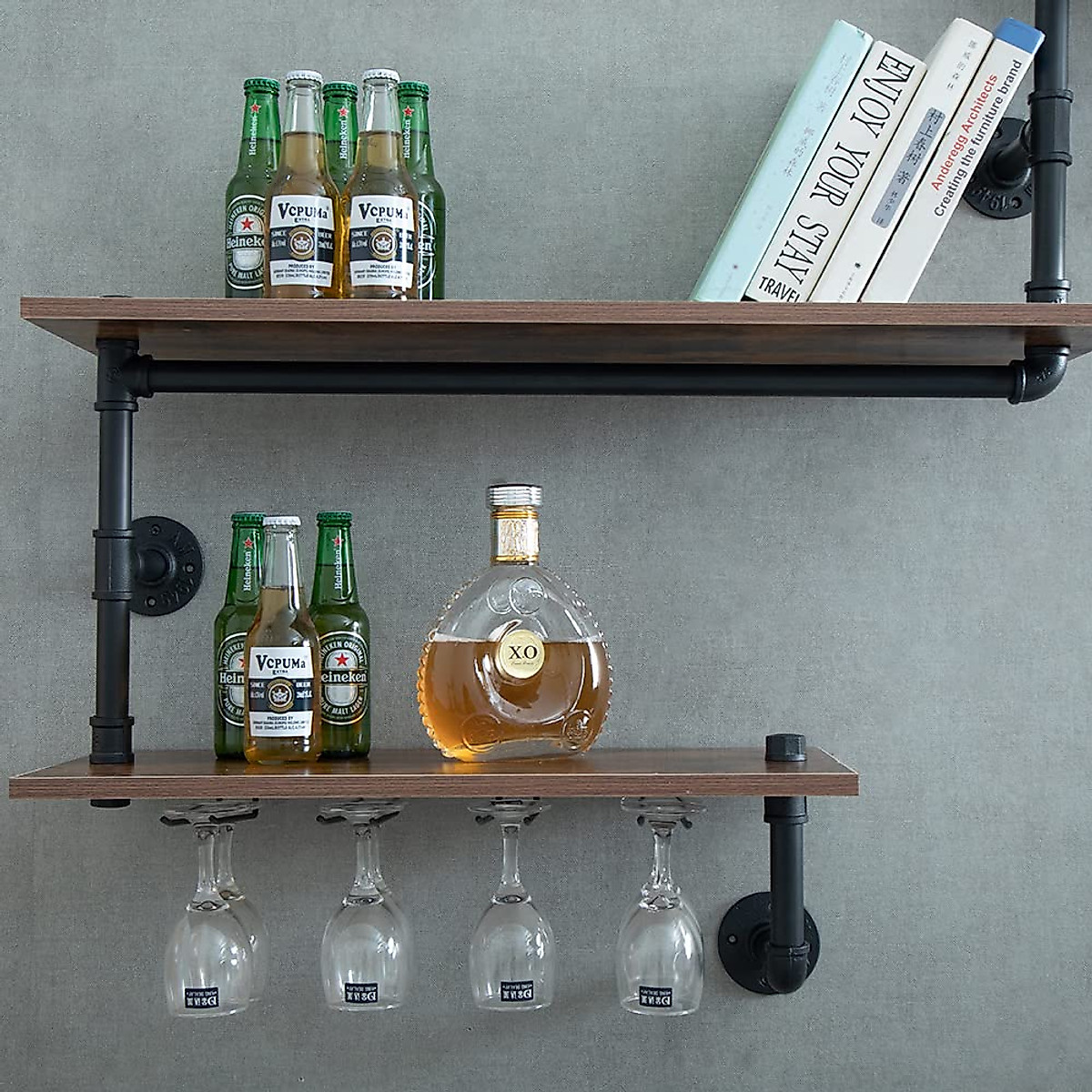 MAIKAILUN Wine Rack Wall Mounted Corner 3 Tier, Hanging Floating Small Mini Bar Liquor Shelves with Glass Holder Storage Under, Industrial Rustic Pipe Farmhouse Kitchen Decor Black