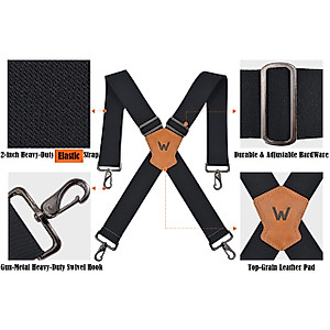 WELKINLAND 2Inch-Wide Full Elastic Suspenders, Heavy Duty Men's Work Suspenders with Hooks