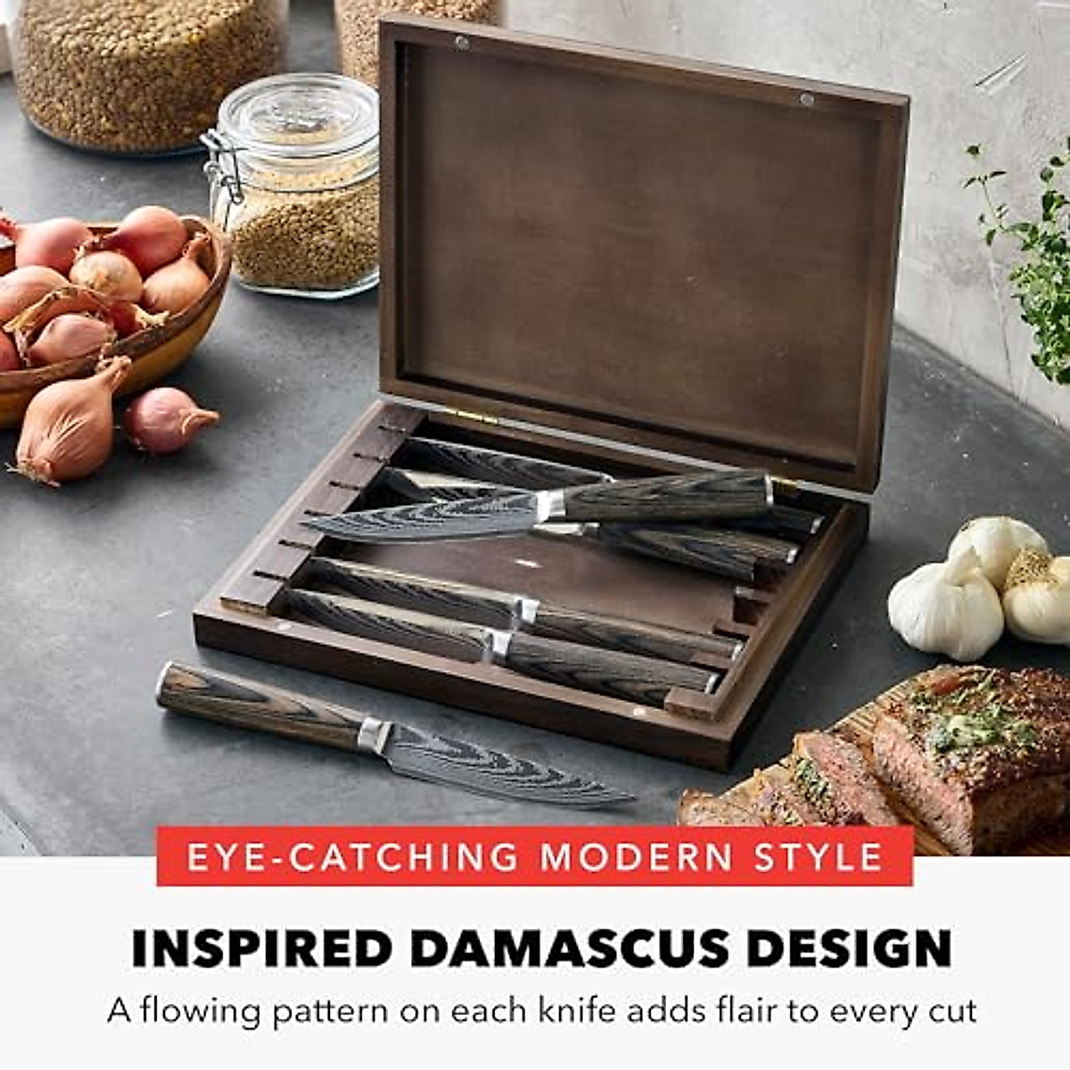 GreenPan x Bobby Flay 6 Piece Steak Knife Set with Wood Storage Box, Premium Stainless Steel Blades, Precision Cutting Tools, Ultra-Versatile Cutlery, Hand Finished Wood Handle, Damascus Steel Design