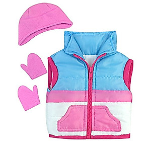 Sophia's 18" Doll 4 pc. Winter Fun Set with Puffy Powder Blue, White, and Hot Pink Striped Vest, Pink Fleece Hat and Mittens, and Polar Bear Snowflake Print Inner Tube