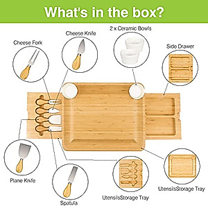 Secura Cheese Board Set, Bamboo Charcuterie Board Meat Platter Serving Tray and Knife Set with 2 Ceramic Bowls, Gift for Mother's Day Easter Thanksgiving Christmas Housewarming Wedding Anniversary