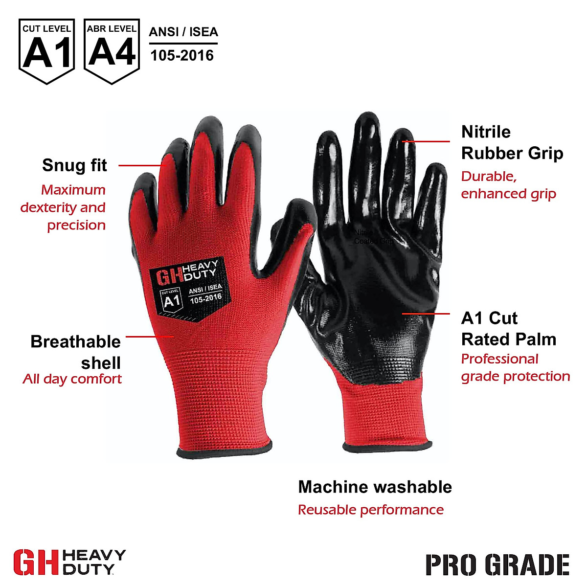 GH Heavy Duty Nitrile Reusable Work Gloves, All Purpose Work Gloves with Cut Resistant Palm, Gloves for Tasks Needing Hand Protection, 10-Pack (Red), Large