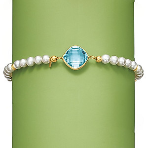 Ross-Simons 4.60 Carat Sky Blue Topaz and 4-5mm Cultured Pearl Bracelet in 14kt Yellow Gold