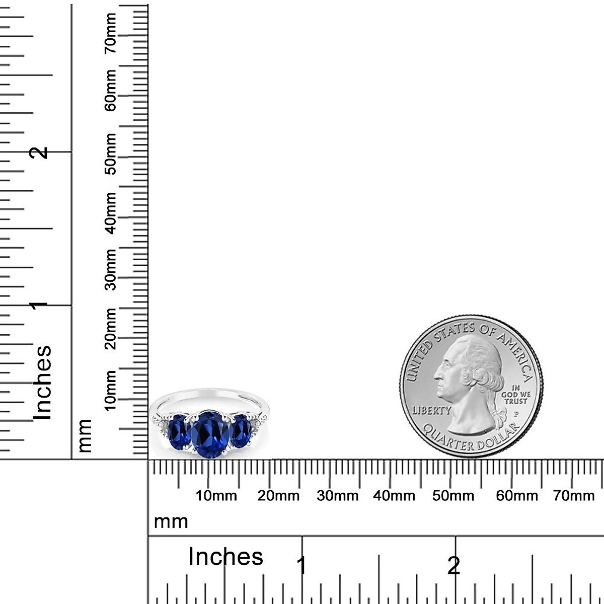 Gem Stone King 10K White Gold Oval Blue Created Sapphire and Diamond Accent 3-Stone Women Engagement Ring (2.65 Cttw) (Size 5)