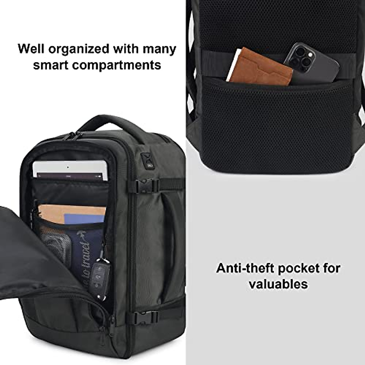 ECOHUB Travel Backpack 16'' Personal Item Backpack with 13 Pockets Carry on Bags for Airplanes Travel bags for Women Men Airlines Approved Small Backpack with USB Port Casual Daypack Grey