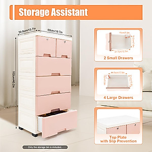TouSuaRSi 5 Layer Plastic Storage Drawers with 6 Drawers Pink Closet Drawers Dresser Organizer Unit Clothes Storage Bins with Casters Home Bedroom Storage Cabinet Large-Capacity Cabinet