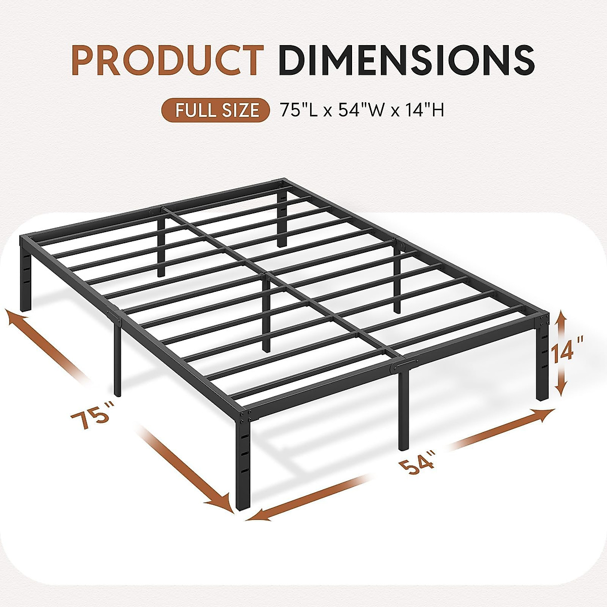 WAYES Full Bed Frame, 14 Inch High Platform Bed Frame with Storage, Minimal Full Size Metal Bed Frame, Heavy Duty, No Box Spring Needed, Noise-Free, Easy Assembly, Black