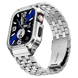 SUPLINK Stainless Steel Case and Band Compatible with Apple Watch Bands 45mm Men, Metal Rugged Protector Cover Strap for iWatch Apple Watch Series 9 8 7 (Silver)