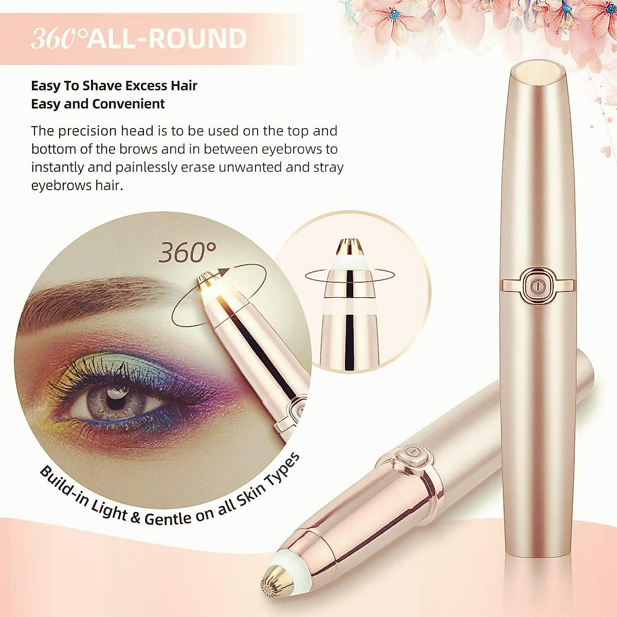 Rechargeable Eyebrow Hair Removal For Women, MMCAT Painless Electric Eyebrow Trimmer Epilator, Ladies Eyebrow Razor Shaver For Eyebrow Hair Remover With LED Light (Rose Gold)
