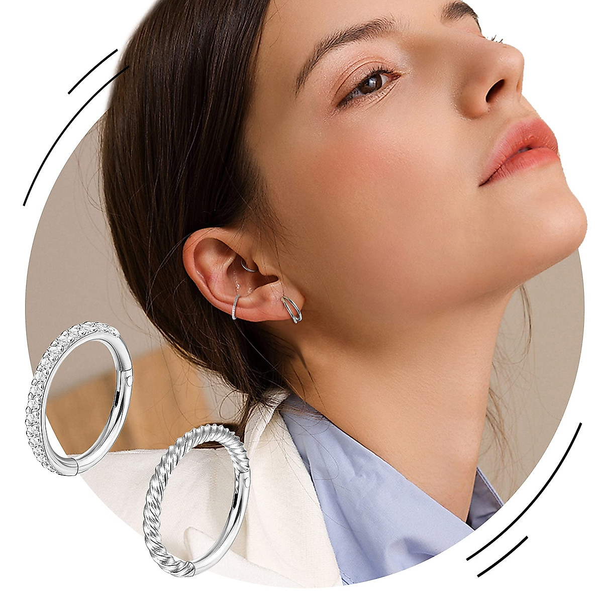 CASSIECA 5Pcs 16G Surgical Steel Nose Rings Hoop for Women CZ Clicker Hinged Septum Ring Lip Helix Cartilage Double Hoop Earring Daith Rook Conch Body Piercing Jewelry for Women 8mm